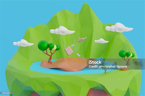 개념 여행 여름 휴가 섬 풍경 추상적 인 산과 바다 또는 호수 고립 된 파란색 배경 배너 포스터 브로셔 전단지 커버 3d 렌더링 일러스트레이션 낮은 폴리 스타일 디자인 3