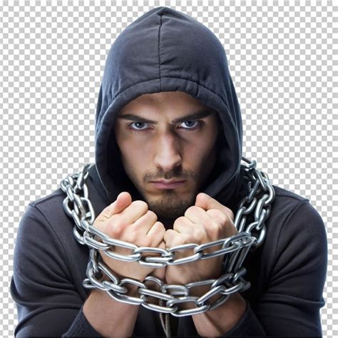 Premium Psd Front View Of Male Hacker With Hands Tied By Metal