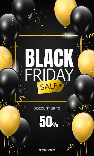 블랙 프라이데이 전단지 또는 웹 배너 디자인 템플릿은 광택 풍선과 검은 색 배경에 축제 색종이 최대 50까지 할인됩니다 벡터 블랙프라이데이에 대한 스톡 벡터 아트 및 기타