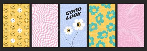Psychedelic Checkerboards Or Warp Checkered Seamless Patterns With Groovy Flowers Smile Faces