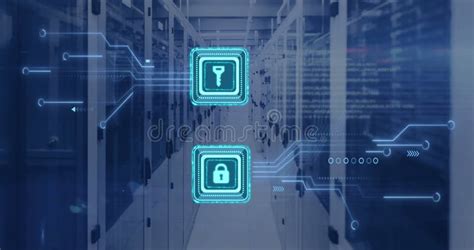 Image Of Digital Data Processing Padlock And Key Icons Circuit Board And Computer Servers