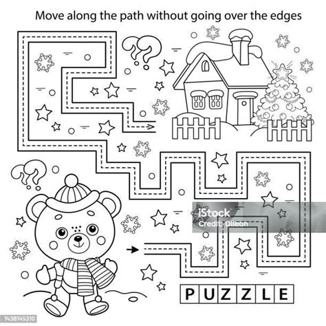 필기 연습 시트 간단한 교육 게임 또는 미로 크리스마스 트리를 가진 만화 작은 곰의 색칠 페이지 개요 새해 크리스마스 아이들을위한 색칠하기 책 0명에 대한 스톡 벡터 아트
