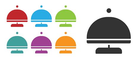 흰색 배경에 고립 된 음식 아이콘의 트레이로 덮여 있는 검정색 트레이 및 뚜껑 표지판 뚜껑이 있는 레스토랑 클로쉬 다채로운 아이콘을 설정합니다 벡터 벨에 대한 스톡 벡터