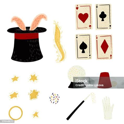흰색 배경에 격리된 마법 요소를 설정합니다 만화 모자 토끼 스타 반지 카드 공 공 길잡이 마법 지팡이 색종이 손으로 그린 스케치 빨간 색 복고풍에 대한 스톡 벡터 아트 및