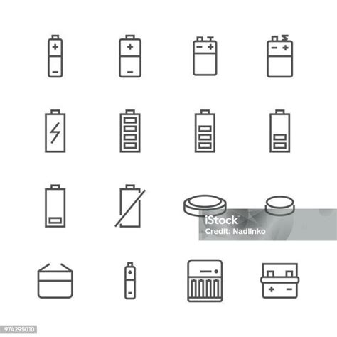 배터리 플랫 라인 아이콘입니다 배터리 종류 삽화aa 알카라인 리튬 자동차 축전지 충전기 완전 충전 전기 저장소에 대 한 얇은