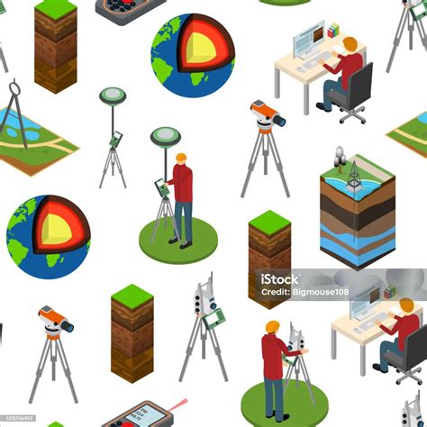 지구 탐사 개념 원활한 패턴 배경 3d 등각 투영보기 벡터 등측투영법에 대한 스톡 벡터 아트 및 기타 이미지 등측투영법