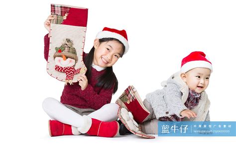 戴着圣诞帽的姐弟俩 蓝牛仔影像 中国原创广告影像素材