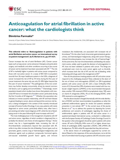 Pdf Anticoagulation For Atrial Fibrillation In Active Cancer What The Cardiologists Think