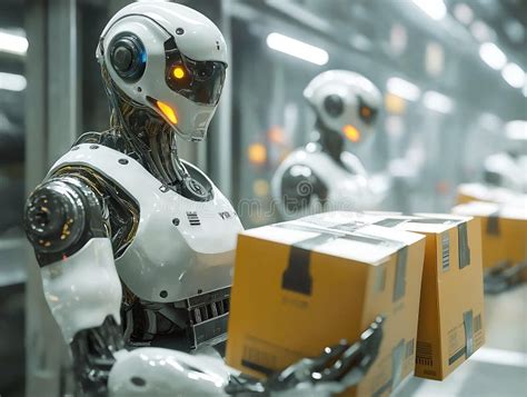 Robotic Arm Moving Boxes In A Busy And Automated Warehouse Environment Stock Illustration