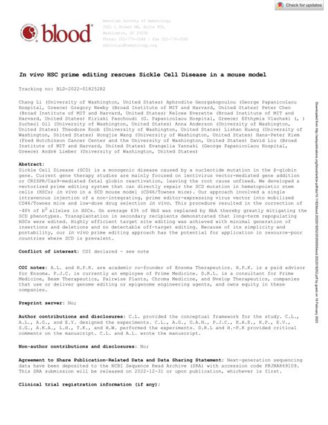 Pdf In Vivo Hsc Prime Editing Rescues Sickle Cell Disease In A Mouse