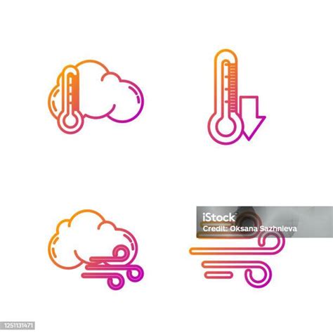세트 라인 바람 바람이 부는 날씨 온도계 및 구름과 온도계 그라데이션 색상 아이콘입니다 벡터 0명에 대한 스톡 벡터 아트 및