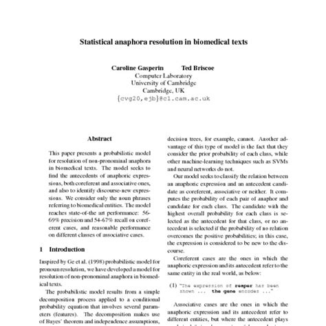 Statistical Anaphora Resolution In Biomedical Texts Acl Anthology