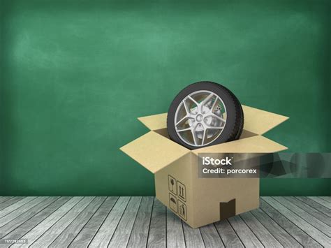 나무 바닥에 자동차 바퀴와 골판지 상자 칠판 배경 3d 렌더링 타이어에 대한 스톡 사진 및 기타 이미지 타이어 내부 배달 Istock
