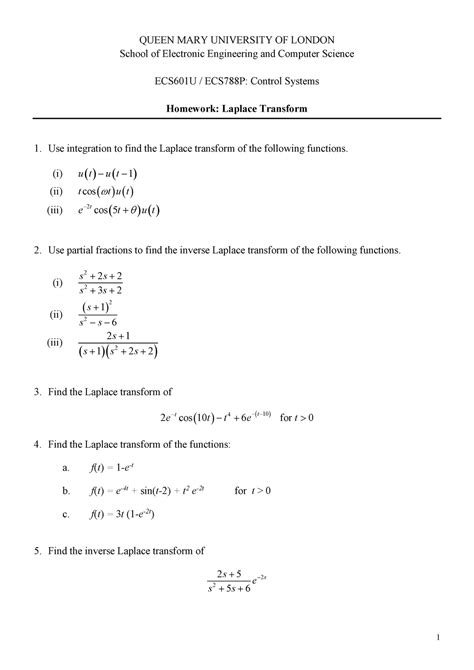 HW LT Control Systems Homework QUEEN MARY UNIVERSITY OF LONDON Babe Of Electronic