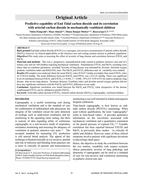 Pdf Predictive Capability Of End Tidal Carbon Dioxide And Its Correlation With Arterial Carbon