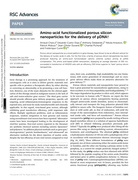 Pdf Amino Acid Functionalized Porous Silicon Nanoparticles For The Delivery Of Pdna