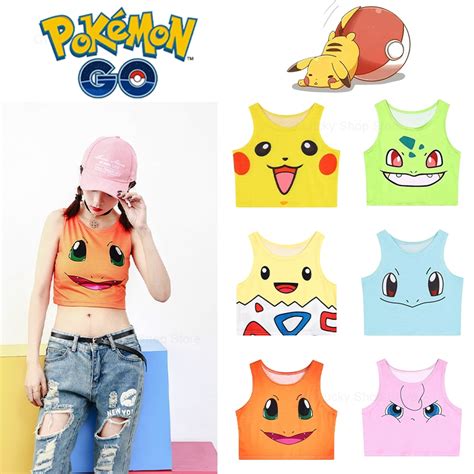 포켓몬 피카츄 짧은 언더 셔츠 섹시한 소녀 코스프레 의류 만화 애니메이션 웨이스트리스 코튼 민소매 티셔츠 타이드 여름