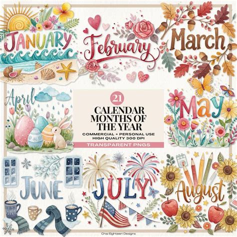 Months Of The Year Clipart Whimsical Seasonal Calendar Png Digital