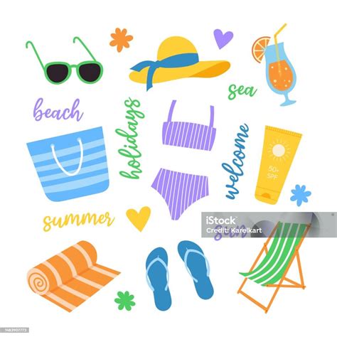 여름 해변 세트 수영복 가방 선글라스 칵테일 주스 슬리퍼 수건 의자 하트 꽃 자외선 차단제 모자 만화 벡터 그림입니다 0명에 대한 스톡 벡터 아트 및 기타 이미지 Istock
