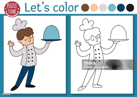 클로쉬와 함께 접시를 들고 있는 요리사와 아이들을 위한 프랑스어 테마 색칠 공부 페이지입니다 벡터 프랑스어 윤곽 그림입니다 컬러 예제가 있는 아이들을 위한 컬러북 그리기