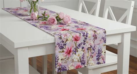 Purple And Pink Floral Table Runner On White Table Stock Illustration