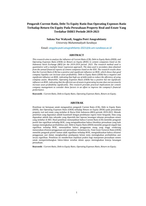 Pdf Pengaruh Current Ratio Debt To Equity Ratio Dan Operating