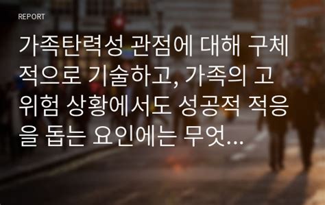 가족탄력성 관점에 대해 구체적으로 기술하고 가족의 고위험 상황에서도 성공적 적응을 돕는 요인에는 무엇이 있다고 생각하는지 기술하세요 또한 가족탄력성 관점과 성공적