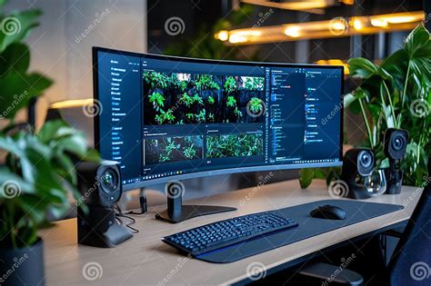 Modern Workspace With A Curved Monitor Displaying Coding Software Surrounded By Green Plants