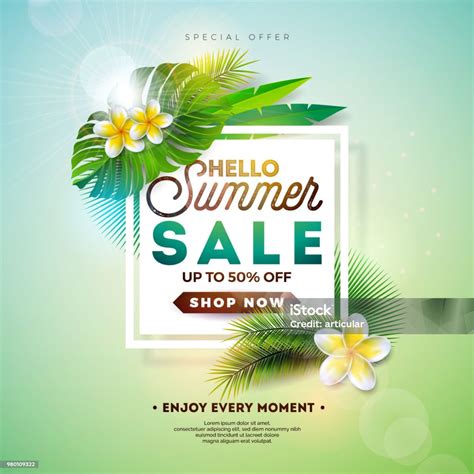 꽃과 자연에 이국적인 잎 여름 세일 디자인 녹색 배경 쿠폰 상품권 배너 전단지 홍보 포스터 웹 사이트 초대 또는 인사말 카드에 대 한 특별 제공 타이포 그래피 요소와 열 대