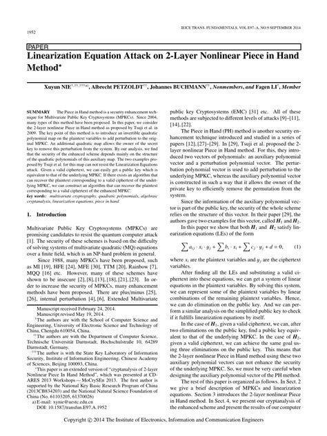Pdf Linearization Equation Attack On 2 Layer Nonlinear Piece In Hand