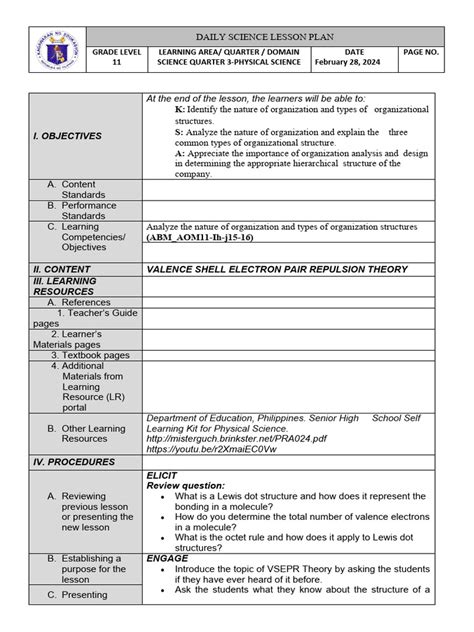 daily lesson plan for physscie vsepr theory pdf chemical bond