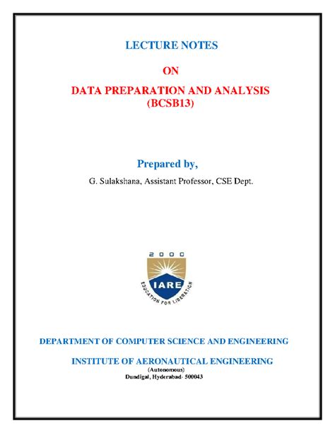 Big Data Analytics Data Preparation And Analysis Lecture Notes Bcsb13