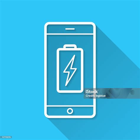 배터리 충전 기호가 있는 스마트폰 파란색 배경에 아이콘 긴 그림자가 있는 평면 디자인 3차원 형태에 대한 스톡 벡터 아트 및 기타 이미지 3차원 형태 가득 찬 개념