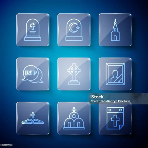 성경책 교회 건물 달력 죽음 십자가가 있는 무덤 말풍선 찢기 묘비 및 애도 사진 프레임 아이콘을 설정합니다 벡터 0명에 대한
