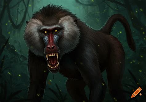 Scary Baboon Portrait With Glowing Eyes And Bared Teeth In A Dark Jungle Setting On Craiyon
