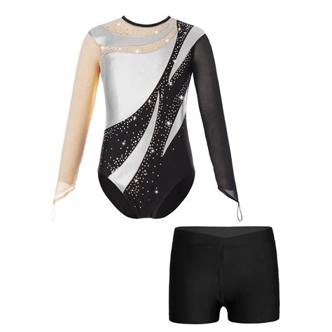Fldy Girls Sparkly Rhinestones Mesh Long Sleeve Keyhole Back Gymnastic