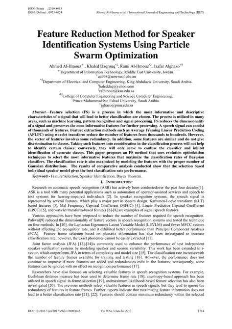 Pdf Feature Reduction Method For Speaker Identification Systems Using