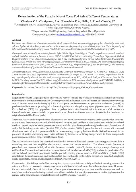 Pdf Determination Of The Pozzolanicity Of Cocoa Pod Ash At Different Temperatures