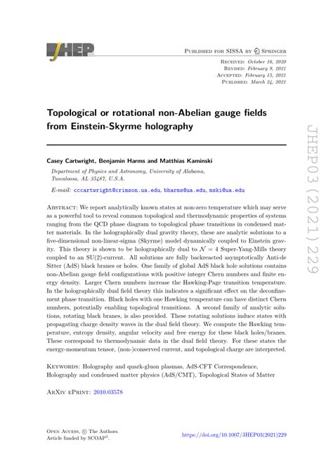 Pdf Topological Or Rotational Non Abelian Gauge Fields From Einstein Skyrme Holography
