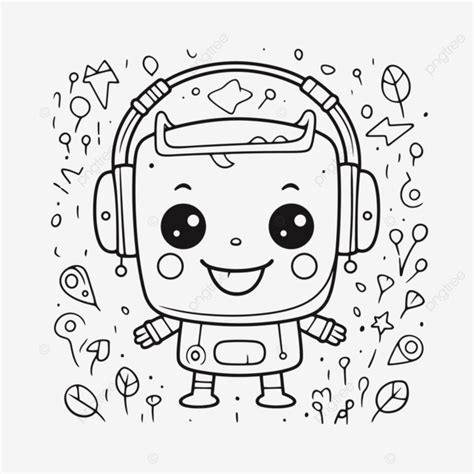 헤드폰으로 작은 로봇의 흰색 그림 벡터 기본 단순 귀여운 만화 걸작 개요 흰색 배경에 고립 어린이 색칠 페이지 Png 일러스트 및 벡터 에 대한 무료 다운로드