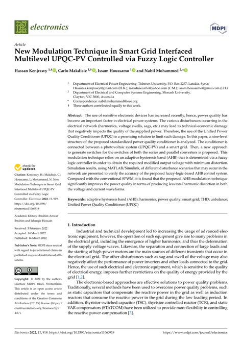 Pdf New Modulation Technique In Smart Grid Interfaced Multilevel Upqc Pv Controlled Via Fuzzy