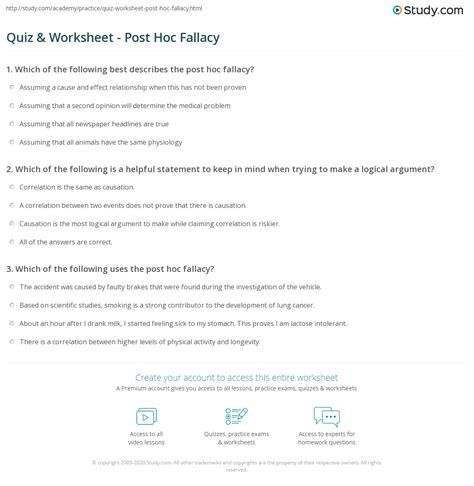 Quiz Worksheet Post Hoc Fallacy Study Com