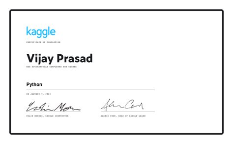 Vijay Prasad Completed The Python Course On Kaggle