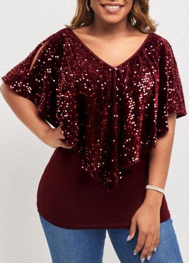 Plus Size Tops For Women Rotita Plus Size Sequin Cold Shoulder Wine Red