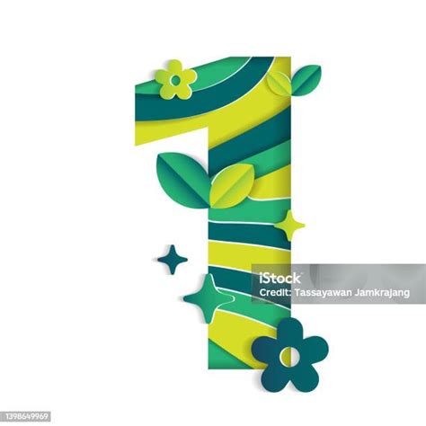 1 숫자 숫자 문자 환경 환경 일 잎 글꼴 편지 만화 스타일 추상 종이 반짝임 빛나는 녹색 산 지리 윤곽선 3d 종이 레이어 컷 아웃 카드 벡터 일러스트 레이 션 1에 대한