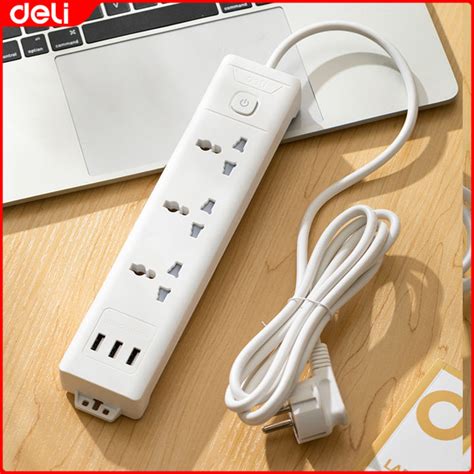 Deli 2 Meters Universal Hole Extension Cord Socket 3 Groups 3 Usb Port Bag White 1pc Et408