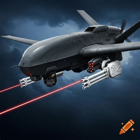A Futuristic Military Drone With Laser Machine Guns Flying In A Cloudy