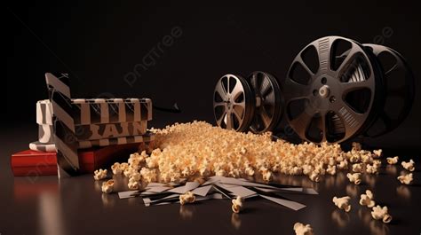 시네마틱 트리오 3d Clapperboard 필름 릴과 팝콘 영화 카메라 시네마 카메라 영화 촬영법 배경 일러스트 및 사진