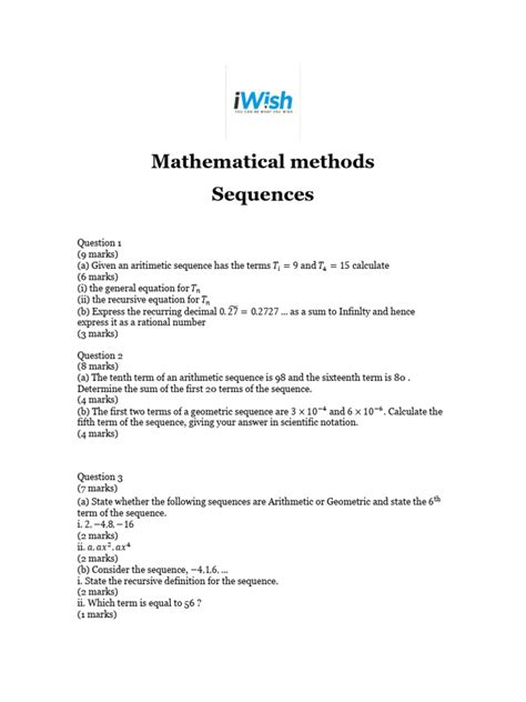 Sequences Methods Yr 11 Pdf Arithmetic Sequence