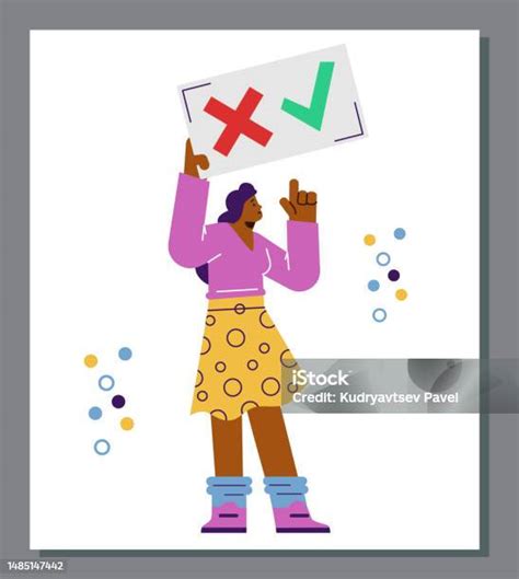 붉은 십자가와 녹색 눈금이 있는 표지판이나 배너를 들고 있는 여자 포스터 템플릿 플랫 벡터 그림 인권 평등 및 페미니즘에 대한 항의 또는 시위의 개념 감사에 대한 스톡 벡터